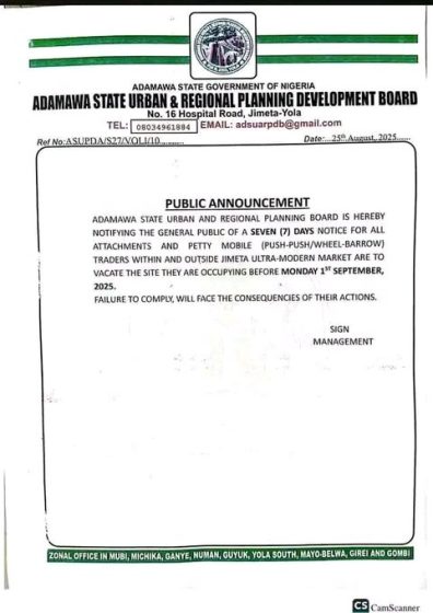 Adamawa Government Issues 7-Day Eviction Notice to Traders at Jimeta ...
